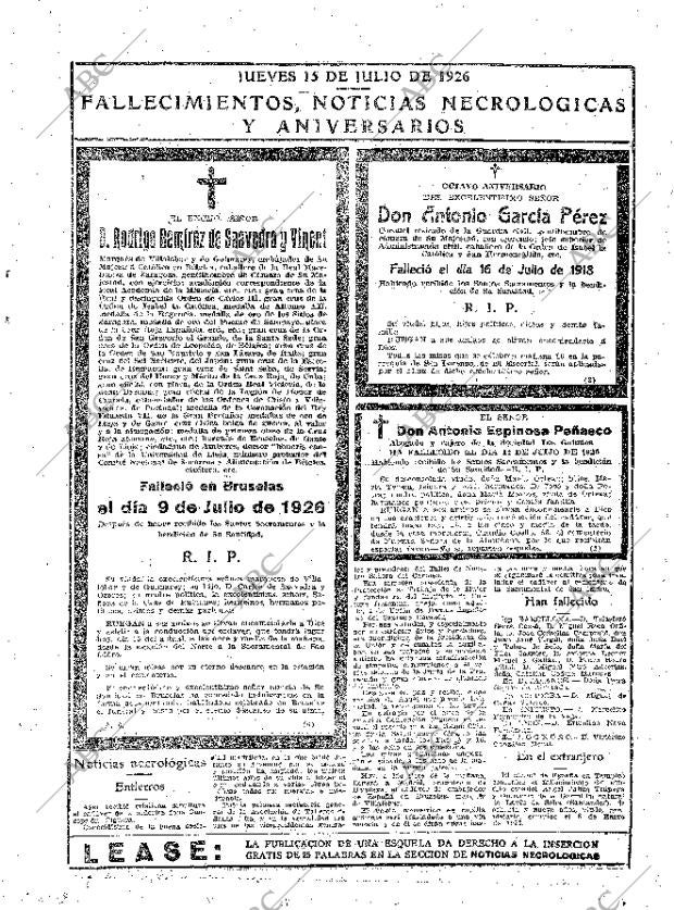 Periódico ABC MADRID 15-07-1926,portada - Archivo ABC