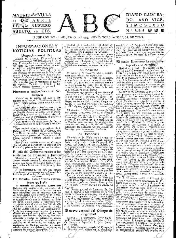 Periódico ABC SEVILLA 11-04-1930,portada - Archivo ABC