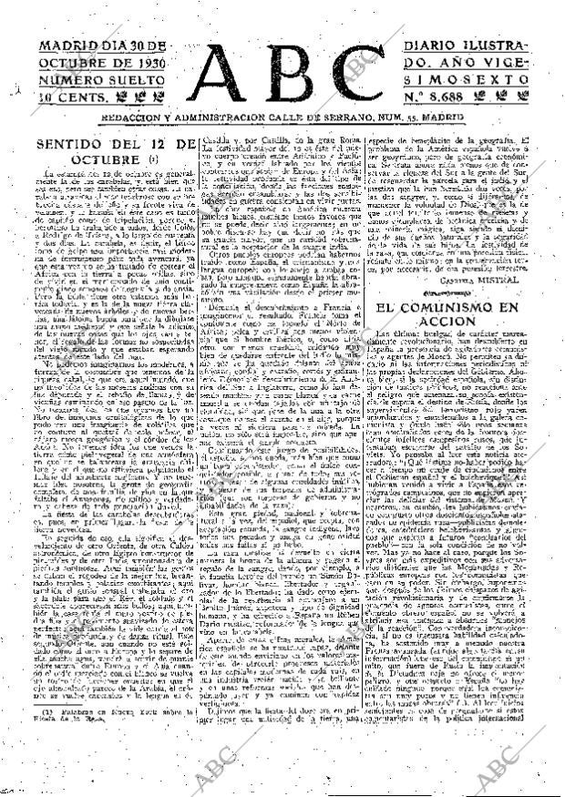 Periódico ABC MADRID 30-10-1930,portada - Archivo ABC