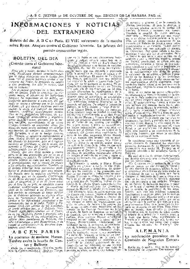 Periódico ABC MADRID 30-10-1930,portada - Archivo ABC