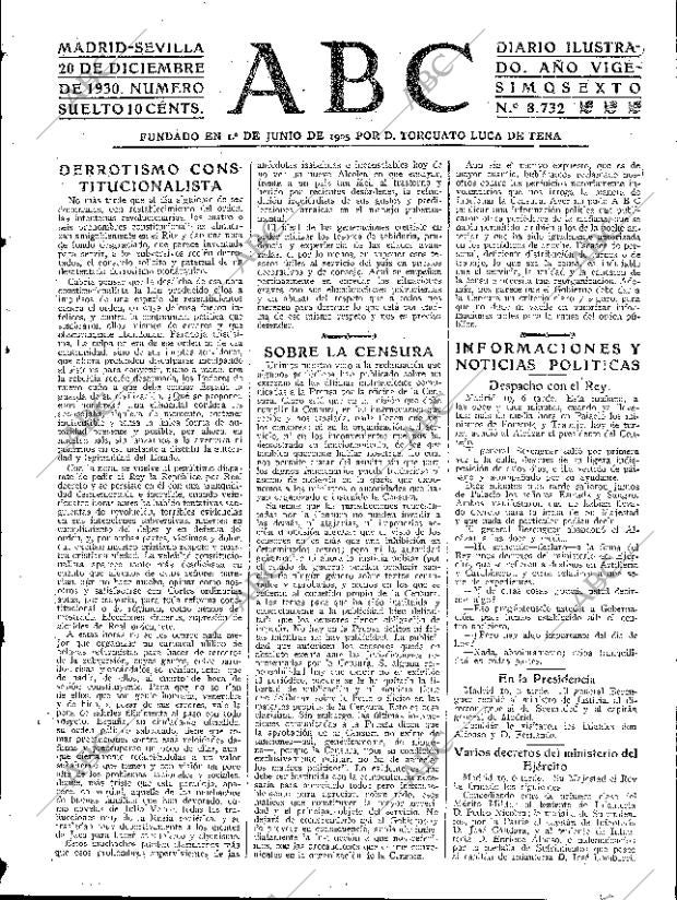Periódico ABC SEVILLA 20-12-1930,portada - Archivo ABC