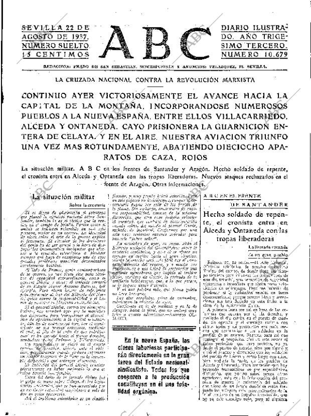 Periódico ABC SEVILLA 22-08-1937,portada - Archivo ABC