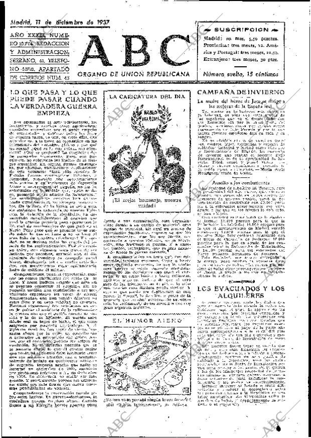Periódico ABC MADRID 11-12-1937,portada - Archivo ABC