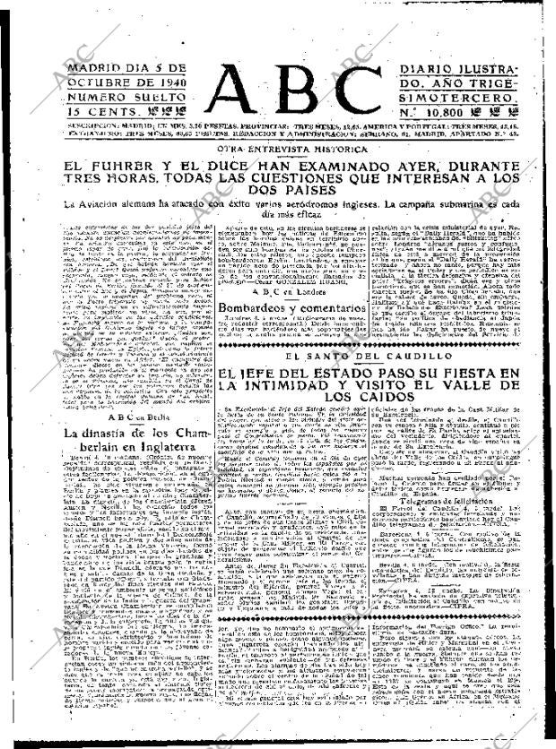 Periódico ABC MADRID 05-10-1940,portada - Archivo ABC