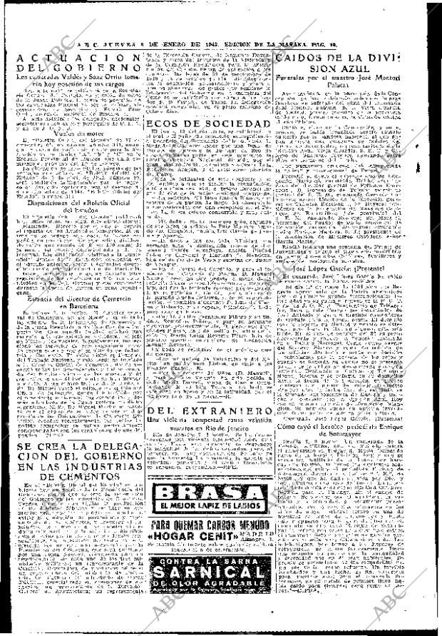 Periódico ABC MADRID 08-01-1942,portada - Archivo ABC