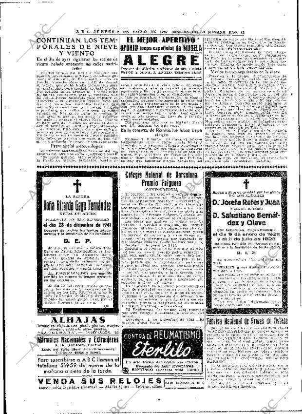 Periódico ABC MADRID 08-01-1942,portada - Archivo ABC
