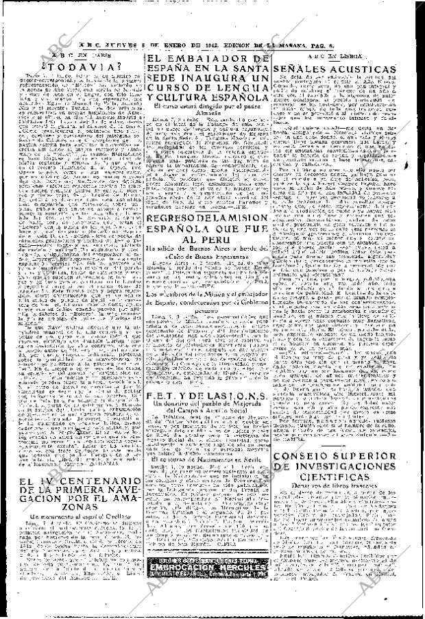 Periódico ABC MADRID 08-01-1942,portada - Archivo ABC