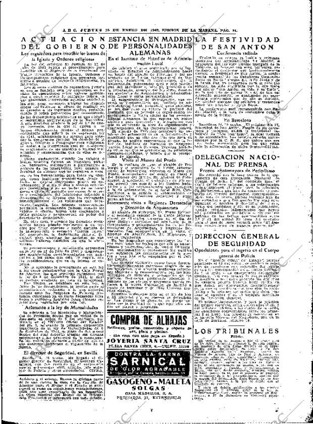Periódico ABC MADRID 15-01-1942,portada - Archivo ABC