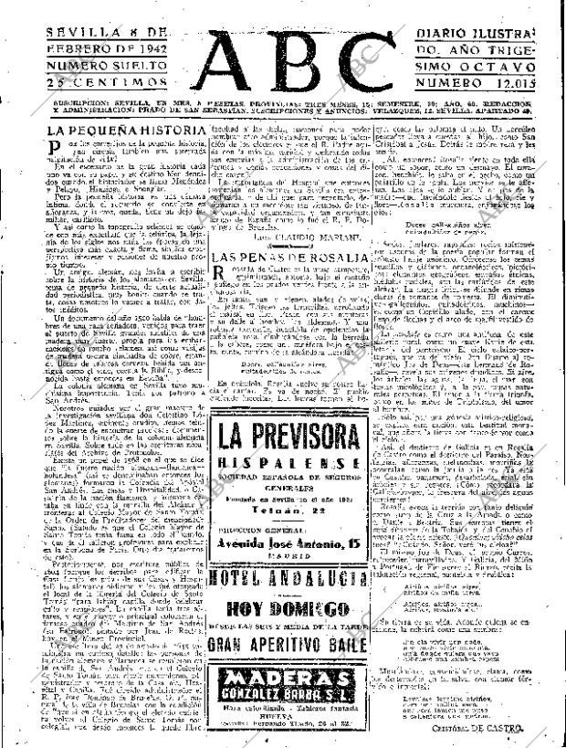 Periódico ABC SEVILLA 08-02-1942,portada - Archivo ABC