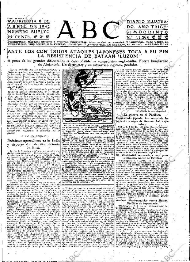 Periódico ABC MADRID 08-04-1942,portada - Archivo ABC