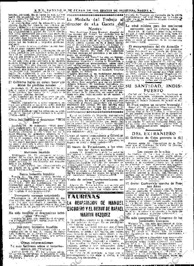 Periódico ABC SEVILLA 20-06-1942,portada - Archivo ABC