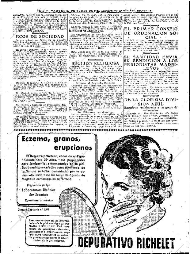 Periódico ABC SEVILLA 23-06-1942,portada - Archivo ABC