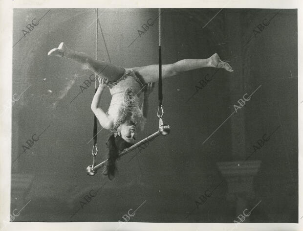 Pinito del Oro en un ejercicio en el trapecio en el circo Price ...