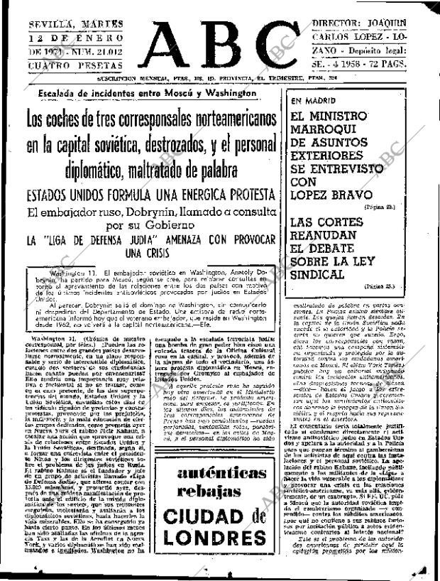 Periódico ABC SEVILLA 12-01-1971,portada - Archivo ABC