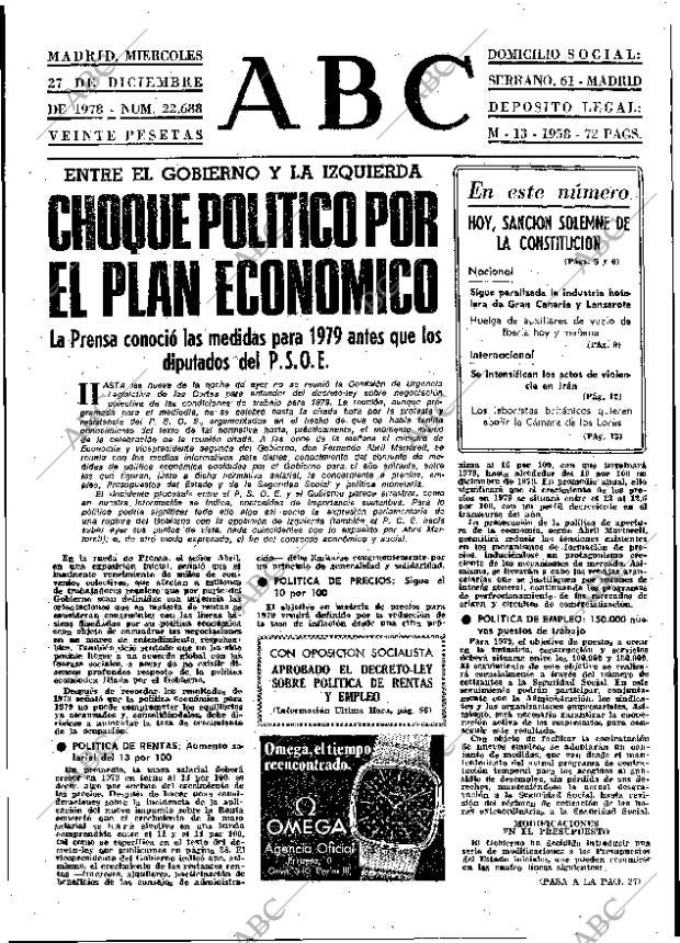 Periódico ABC MADRID 27-12-1978,portada - Archivo ABC