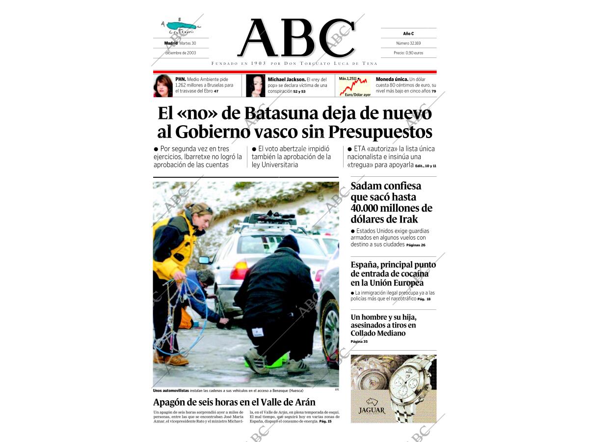 Periódico ABC MADRID 30-12-2003,portada - Archivo ABC