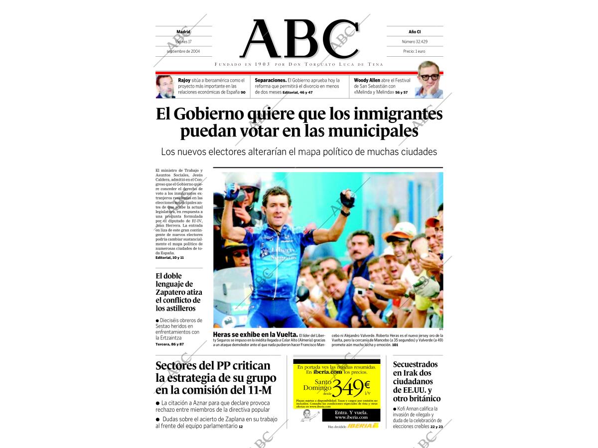 Periódico ABC MADRID 17-09-2004,portada - Archivo ABC