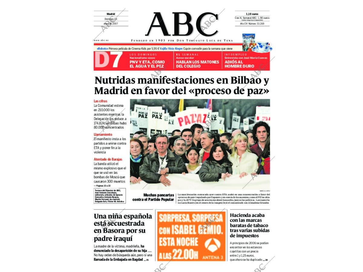 Periódico ABC MADRID 14-01-2007,portada - Archivo ABC