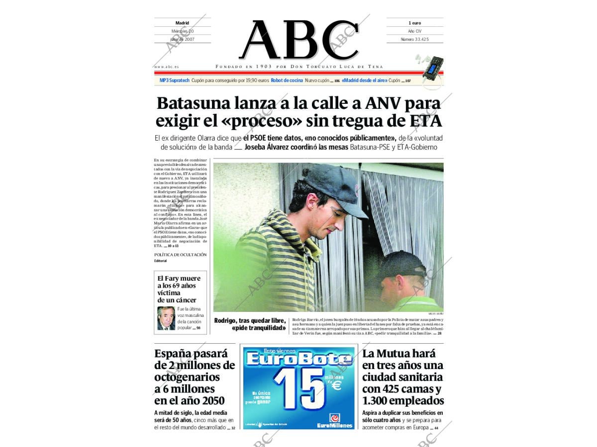 Periódico ABC MADRID 20-06-2007,portada - Archivo ABC