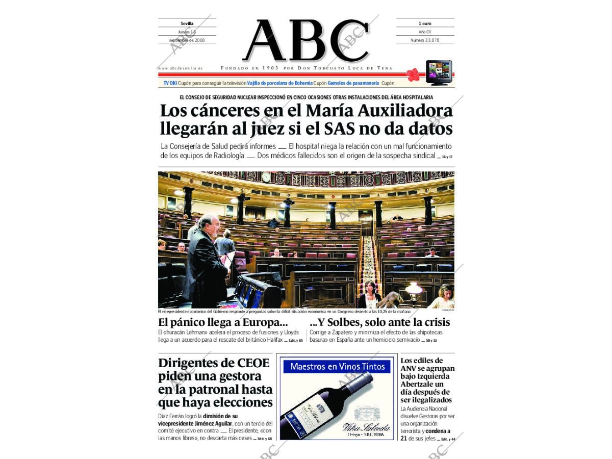 Periódico ABC SEVILLA 18-09-2008,portada - Archivo ABC