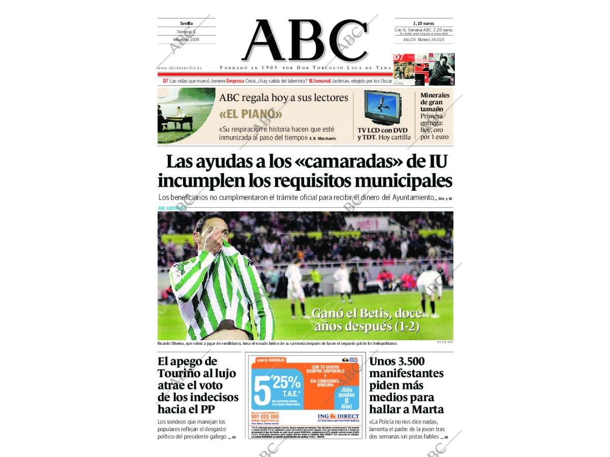 Periódico ABC SEVILLA 08-02-2009,portada - Archivo ABC