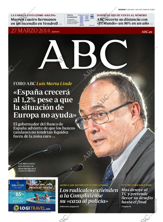 Periódico ABC MADRID 27-03-2014,portada - Archivo ABC