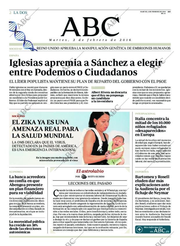 Periódico ABC MADRID 02-02-2016,portada - Archivo ABC