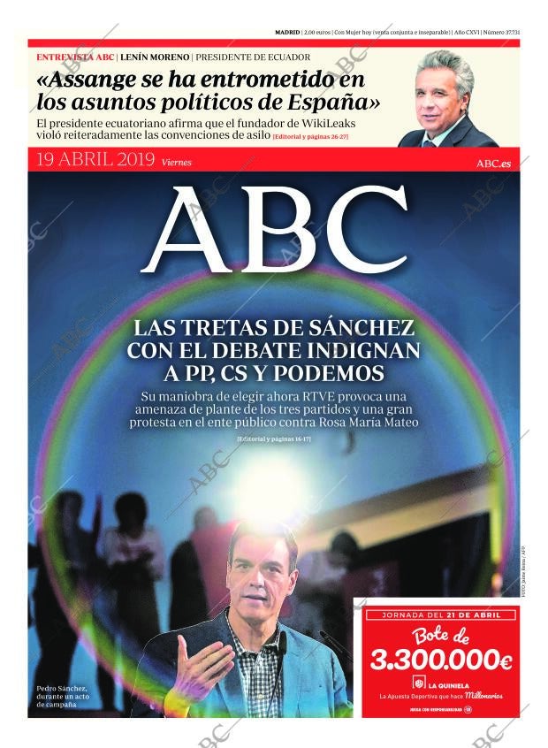 Periódico ABC MADRID 20-04-2019,portada - Archivo ABC