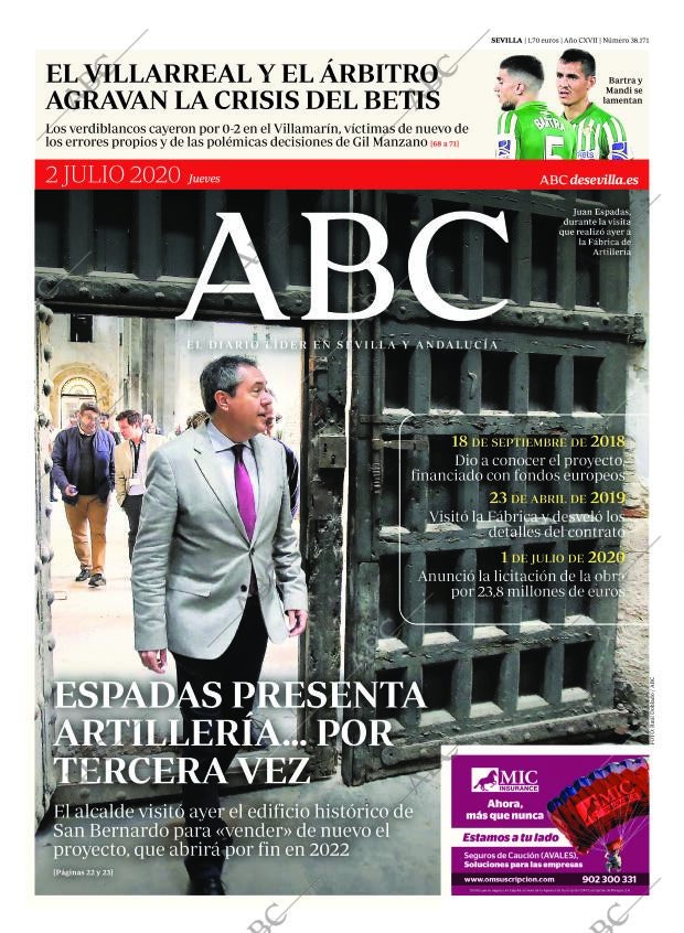 Periódico ABC SEVILLA 02-07-2020,portada - Archivo ABC